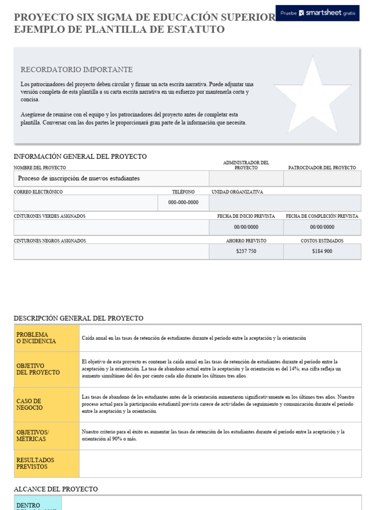 IC Higher Education Six Sigma Project Charter Example 11480 - WORD - ES ...