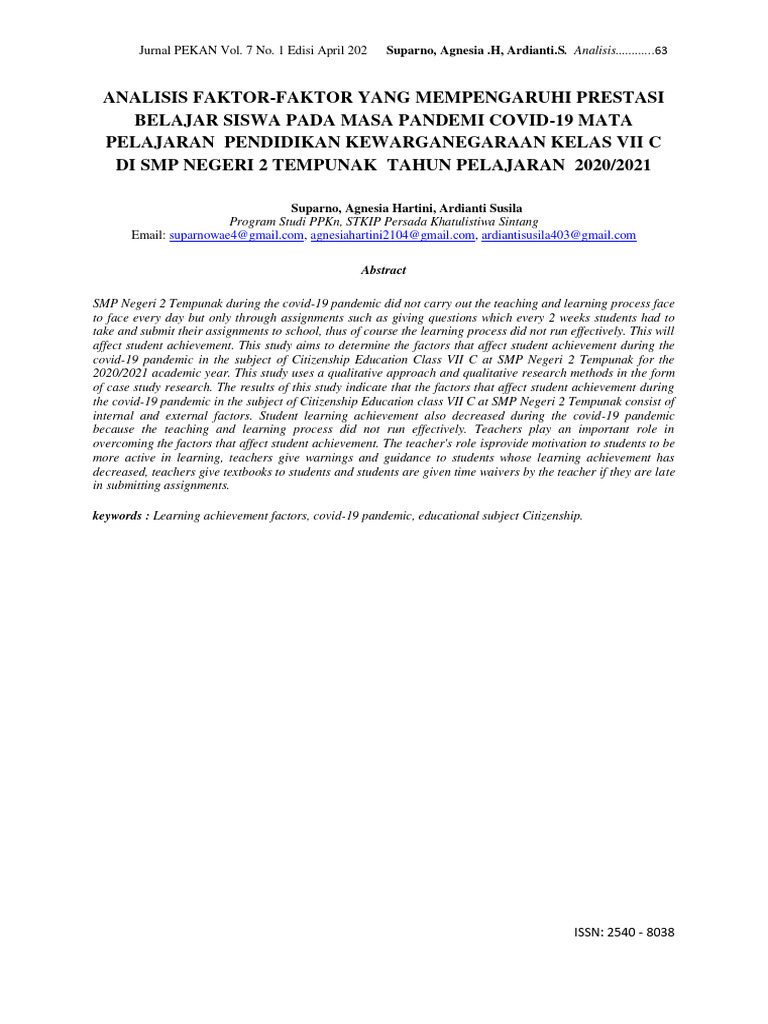 Analisis Faktor-Faktor Yang Mempengaruhi Prestasi Belajar Siswa Pada Masa Pandemi Covid-19 Mata ...