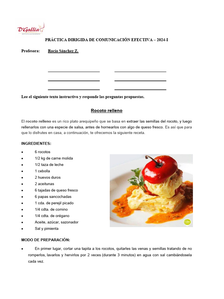 2º Clase - Práctica Dirigida 1 - (El Rocoto Relleno) Lectura y Comprensión Del Texto Instructivo ...