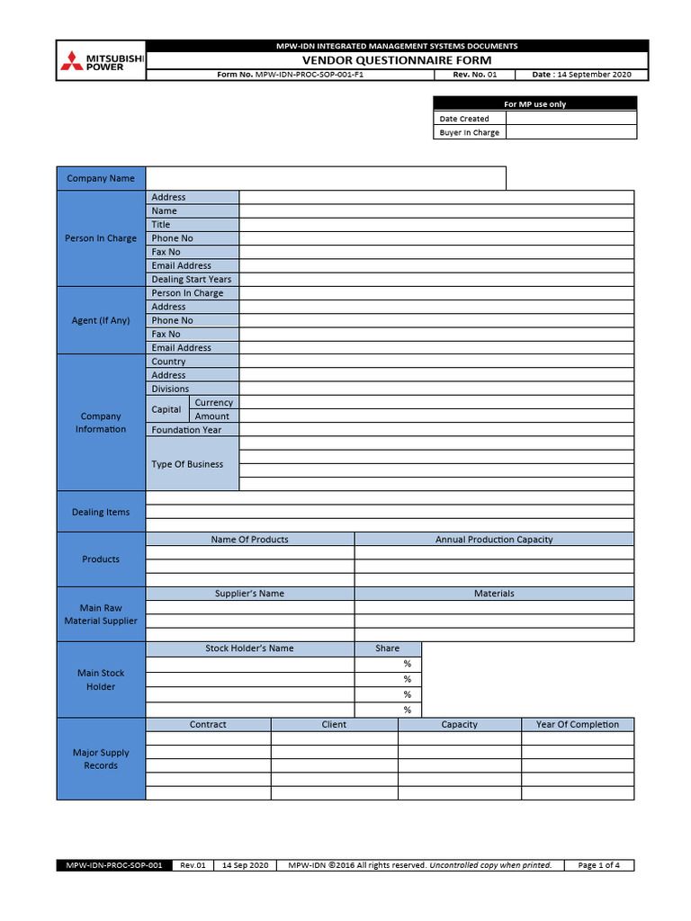 PROC-SOP-001-F1 (R1) - Vendor Questionnaire Form - 200914 | PDF ...