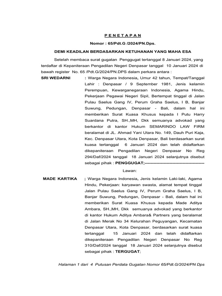 Salinan Putusan 65 PDT G 2024 PN Dps | PDF