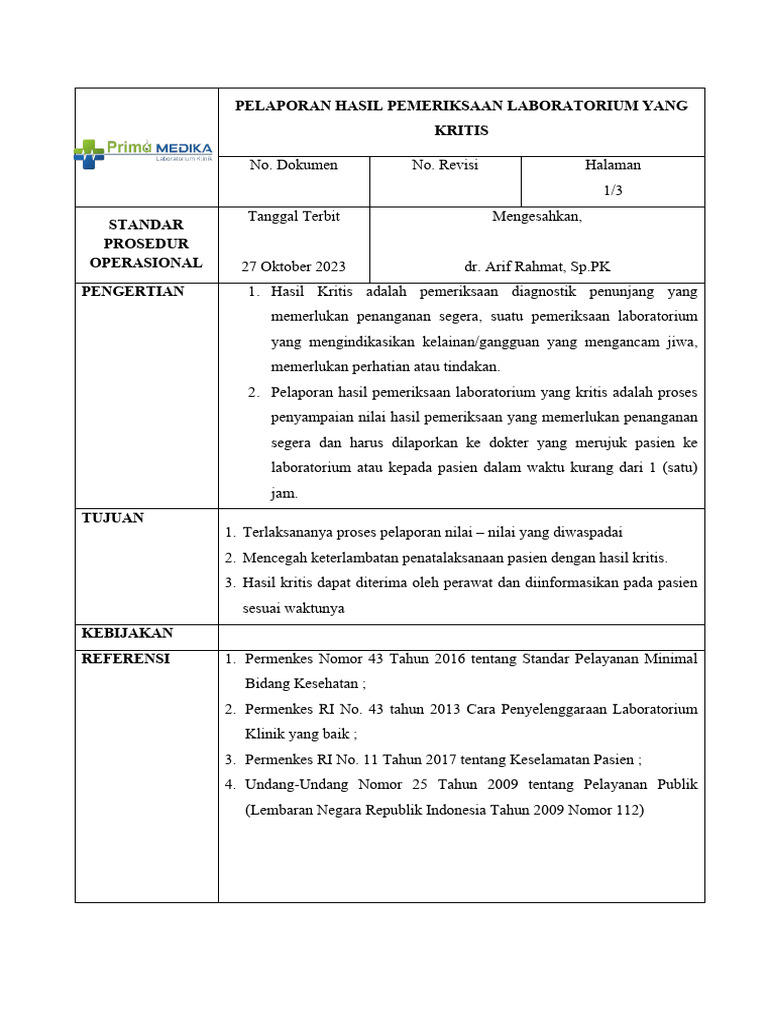 Prosedur Pelaporan Hasil Kritis Lab | PDF