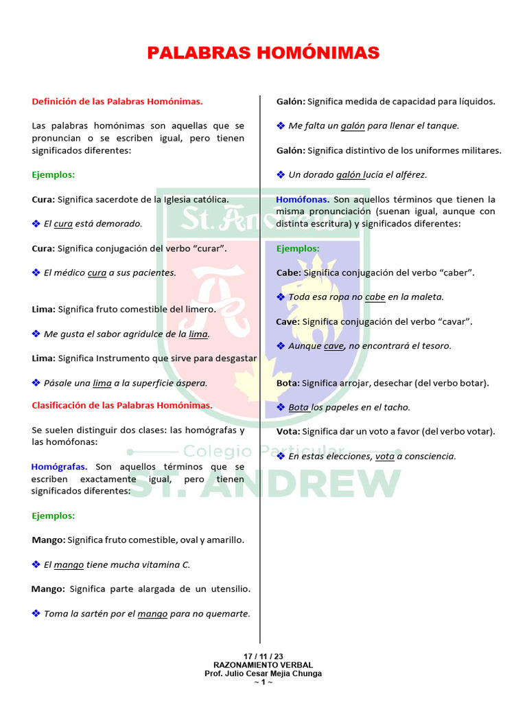 Palabras Homónimas 5° de Secundaria | PDF | Verbo