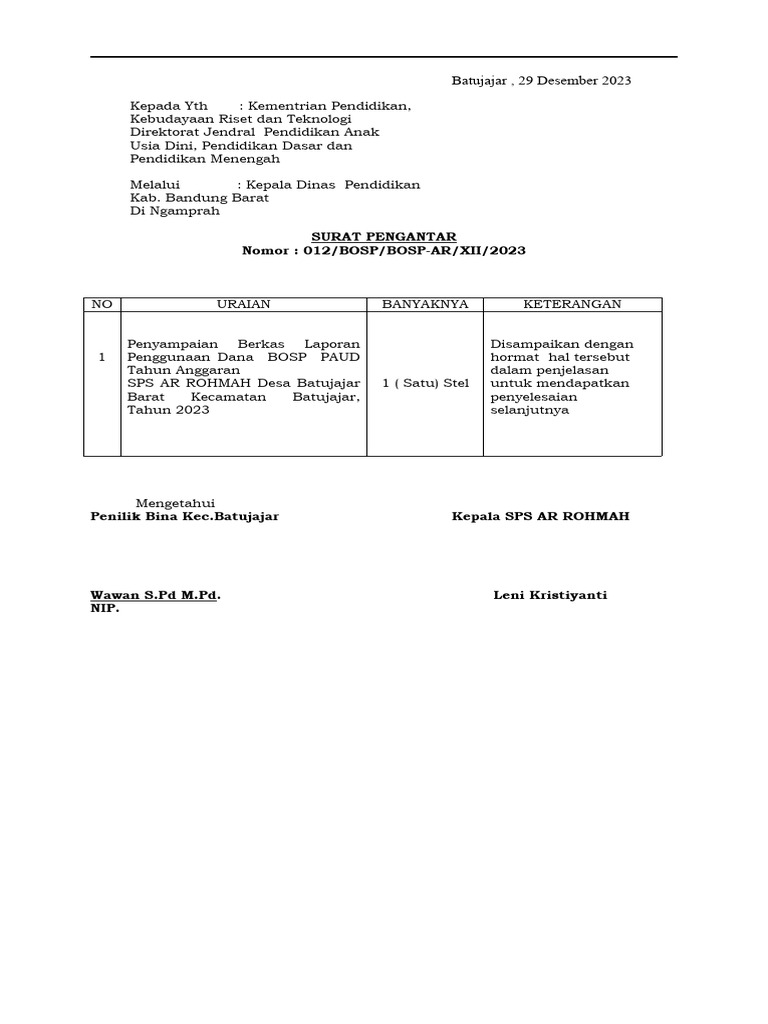 Surat Pengantar LPJ BOSP 2023 | PDF Surat Pengantar LPJ BOSP 2023 | PDF