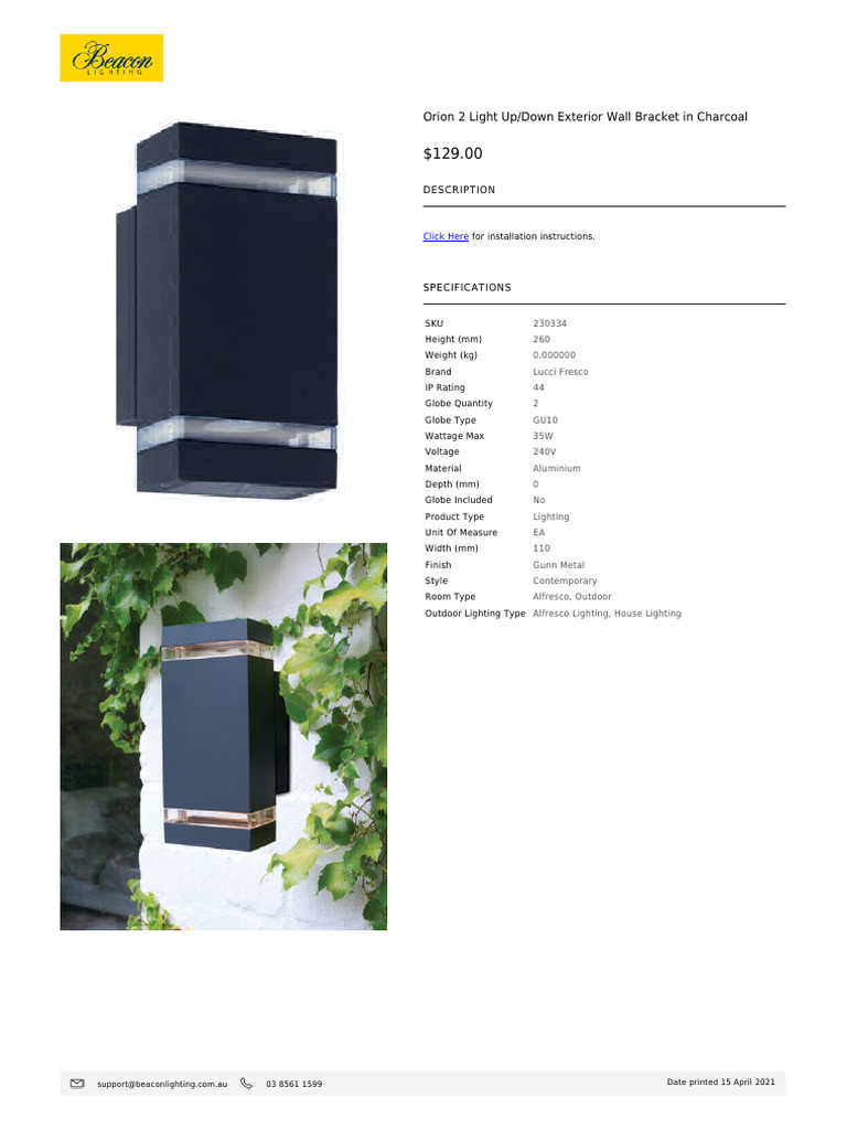 Orion 2 Light Up Down Exterior Wall Bracket in Charcoal | PDF
