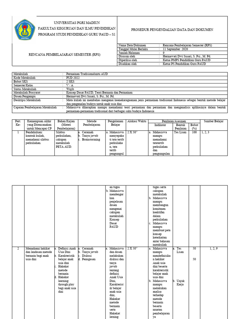 RPS PG PAUD UNIPMA - 2020-2021 GASAL - V - PERMAINAN TRADISIONAL Untuk ...