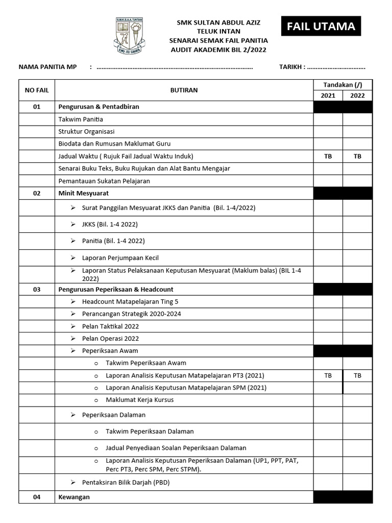 Senarai Semak Fail Panitia 2022 | PDF