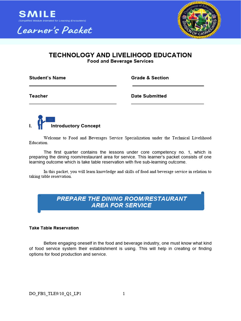 Tle Fbs Lp 1 Download Free Pdf Foodservice Restaurants