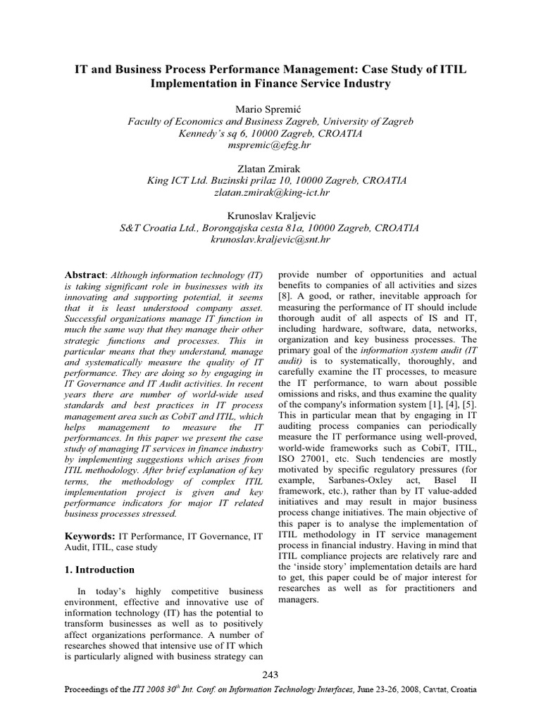 IT and Business Process Performance Management: Case Study of ITIL Implementation in Finance ...