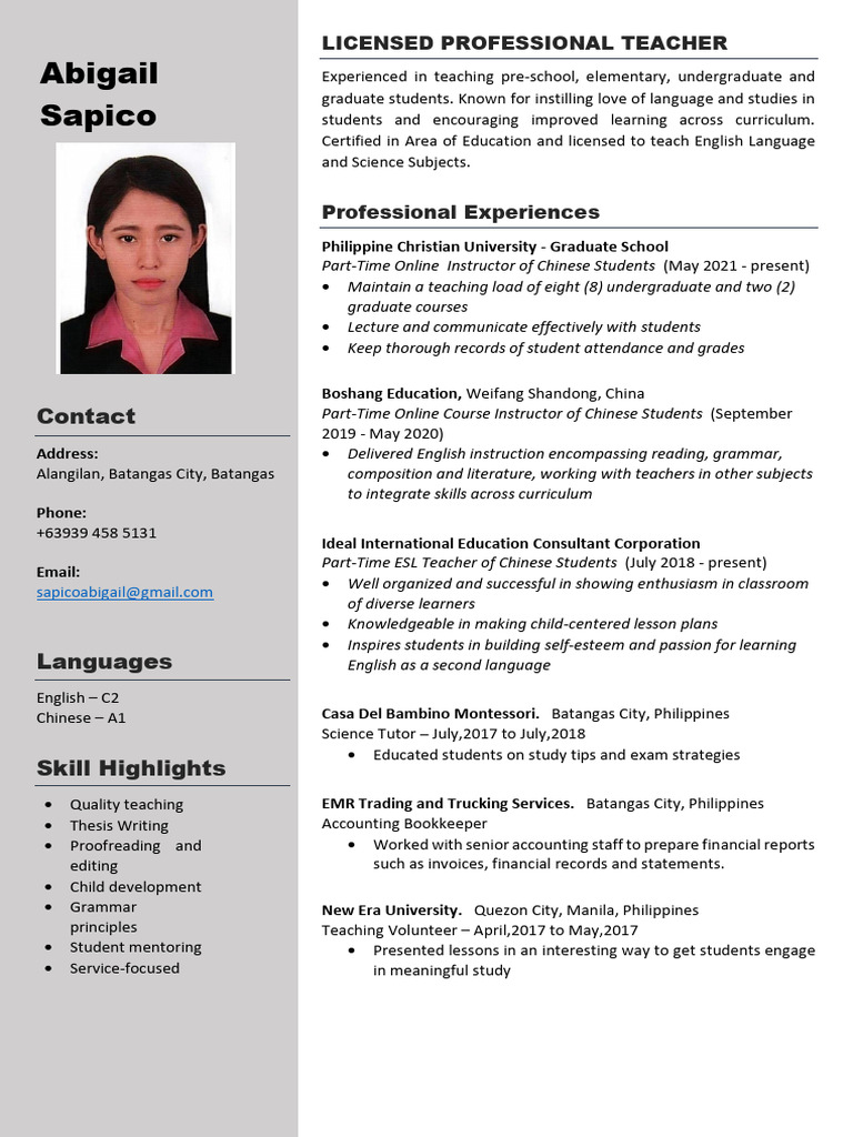Abigail Sapico CV | PDF | English As A Second Or Foreign Language | Teachers