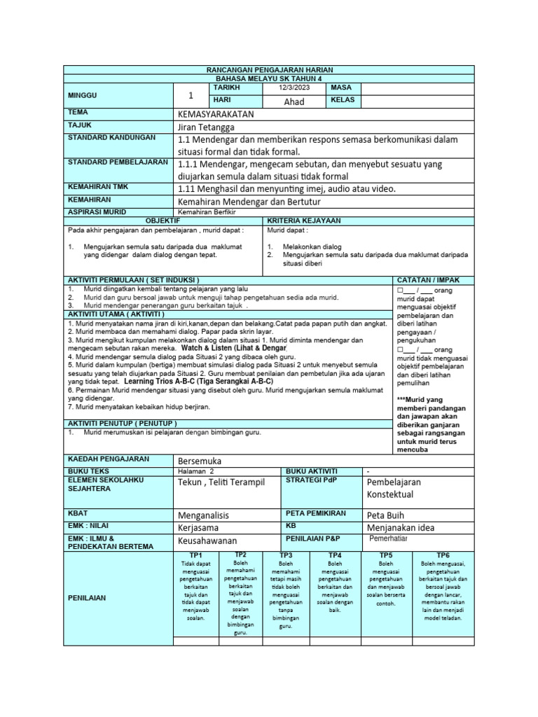 RPH MINGGU 1 BM SK THN 4 2024 BY CIKGU GORGEOUS | PDF