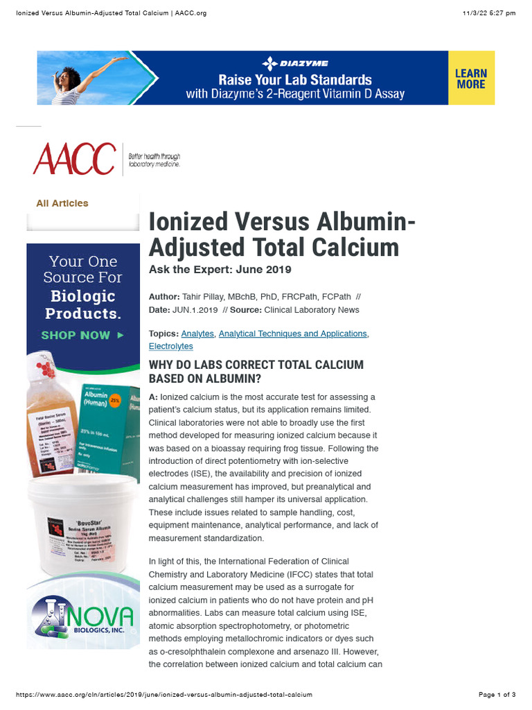 Ionized Vs Total Calcium | PDF | Calcium In Biology | Blood Plasma