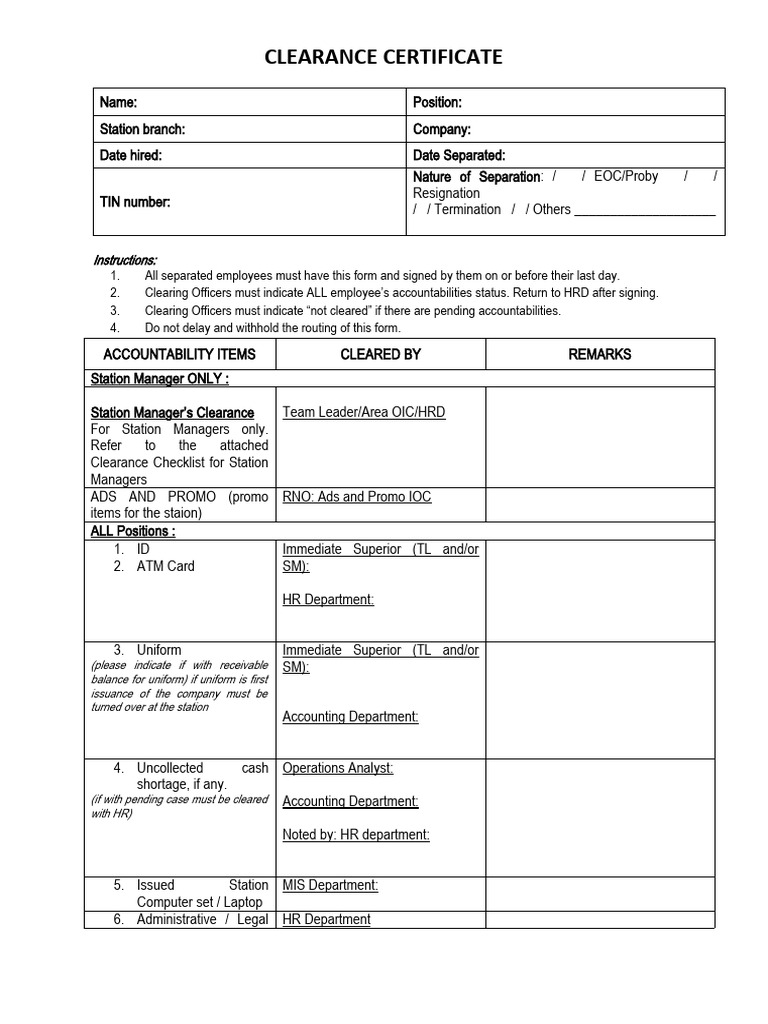 Clearance Certification Form New | PDF | Payments