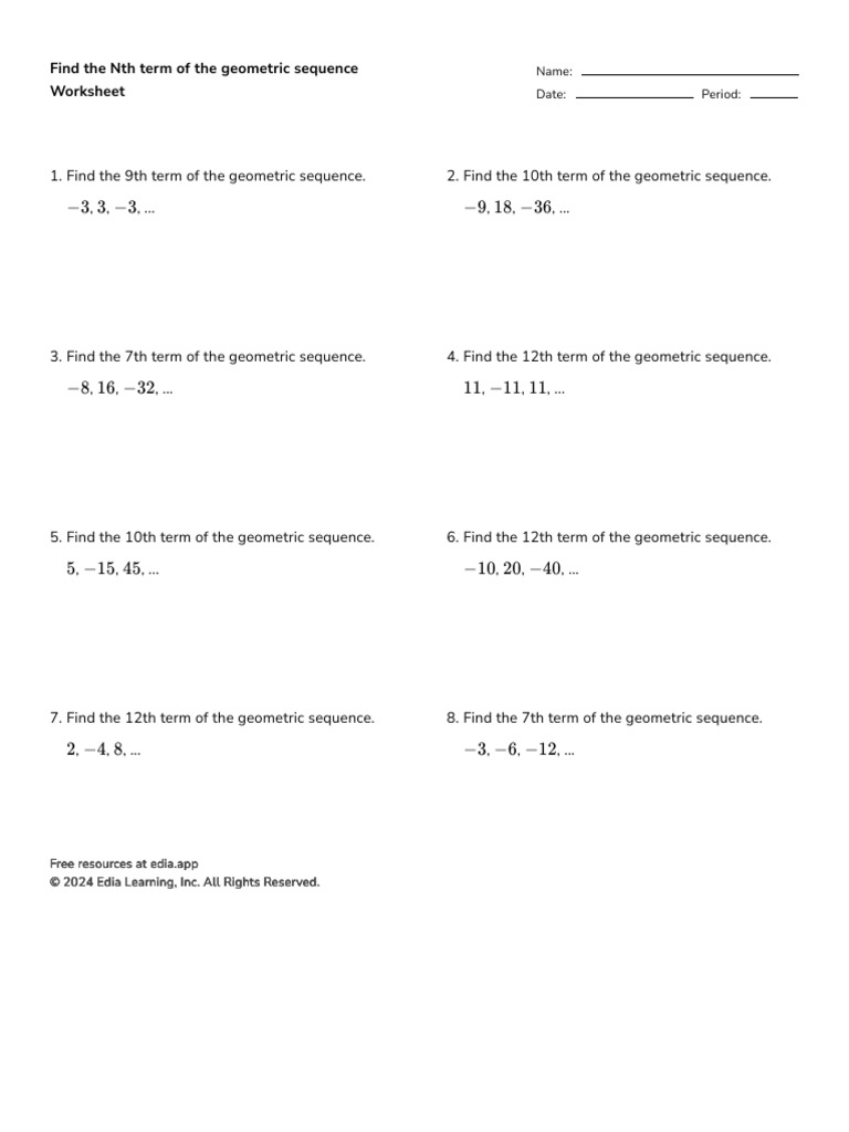 Find The NTH Term of The Geometric Sequence - Worksheet | PDF