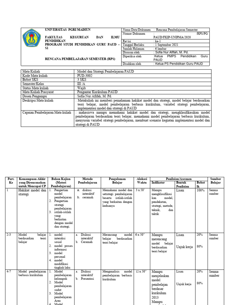 RPS PG Paud Unipma - 2021-2022 Gasal - Iii - Model Dan Strategi Pembelajaran - Sna | PDF