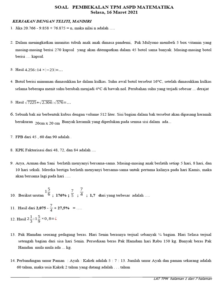 Selasa, 16-3-21, SOAL PEMBEKALAN TPM | PDF