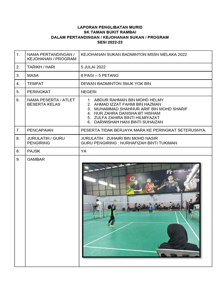 LAPORAN KEJOHANAN SUKAN BADMINTON (Done-2) | PDF