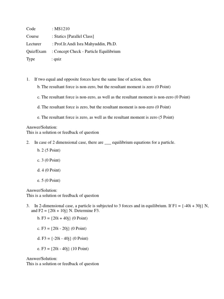 MS1210 - Concept Check - Particle Equilibrium - Package-1 - Answer | PDF | Force | Acceleration