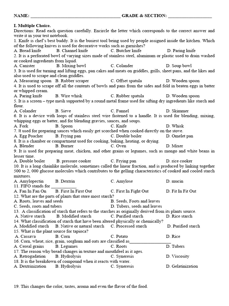 Cookery 10 Quiz (Starch and Cereals) | PDF | Starch | Foods
