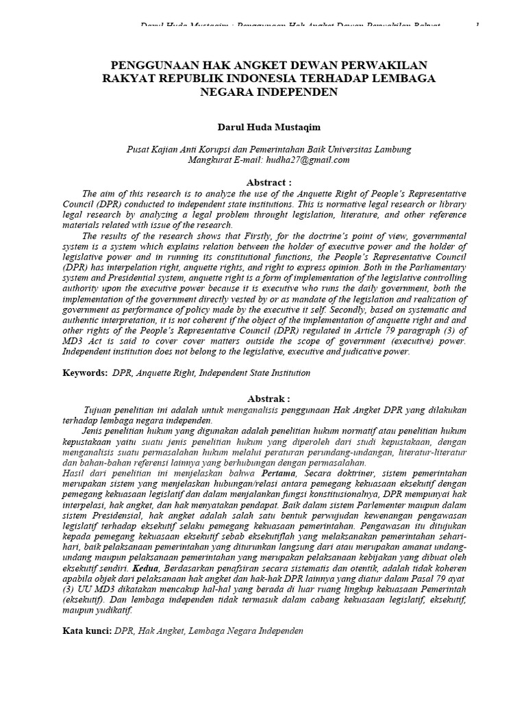 Penggunaan Hak Angket DPR | PDF | Indonesia | Public Law
