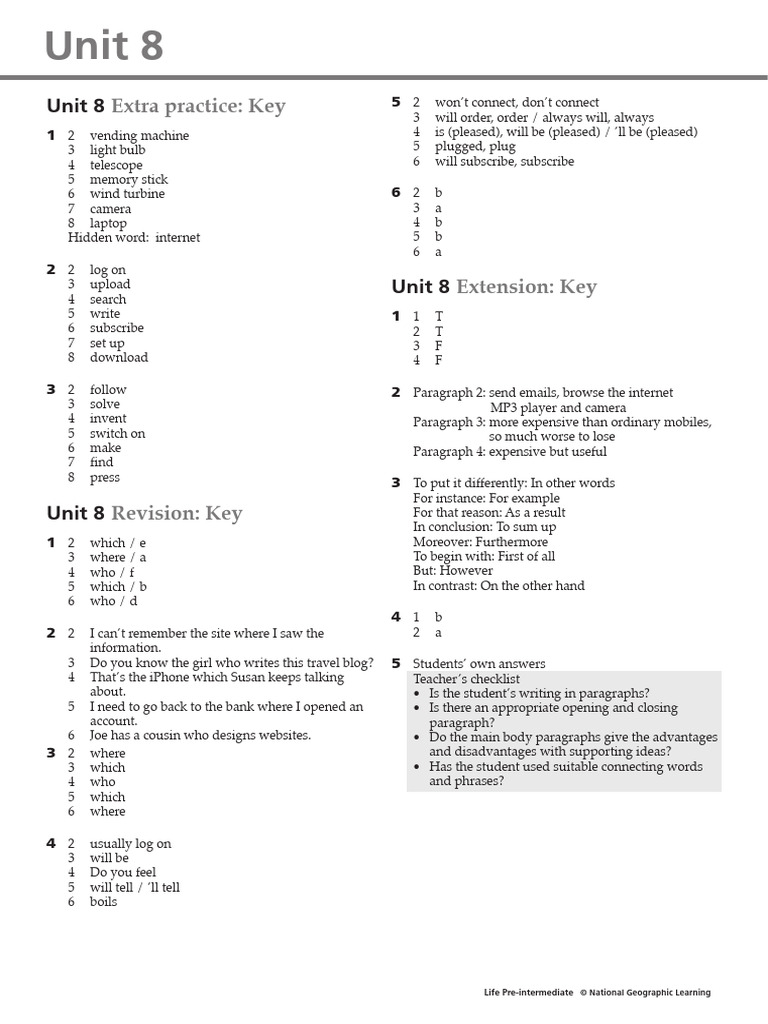 Pre Unit8 AnswerKey | PDF