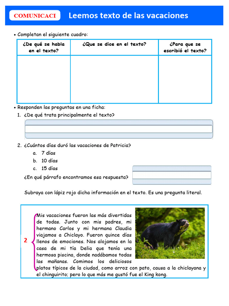 D3 A1 FICHA COM. Leemos Texto de Las Vacaciones | PDF