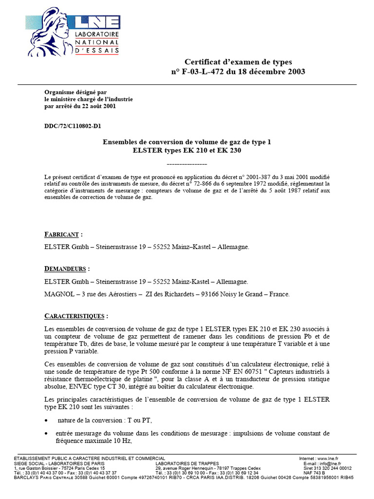 Certificat D'examen de Types N° F-03-L-472 Du 18 Décembre 2003 | PDF | Pression | Métrologie