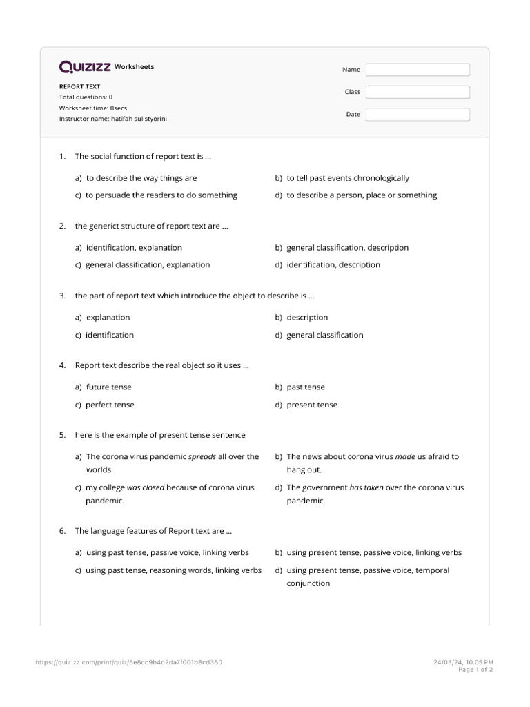 REPORT TEXT Quizizz | PDF | Grammatical Tense | Verb