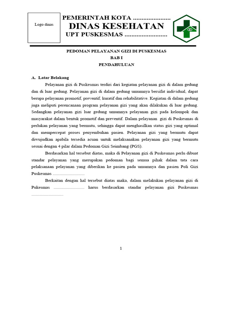 Pedoman Pelayanan Gizi Di Puskesmas Tuntungan | PDF