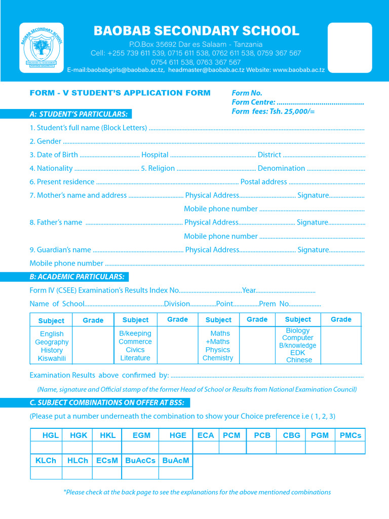 Baobab Secondary School Application Form Blue | PDF