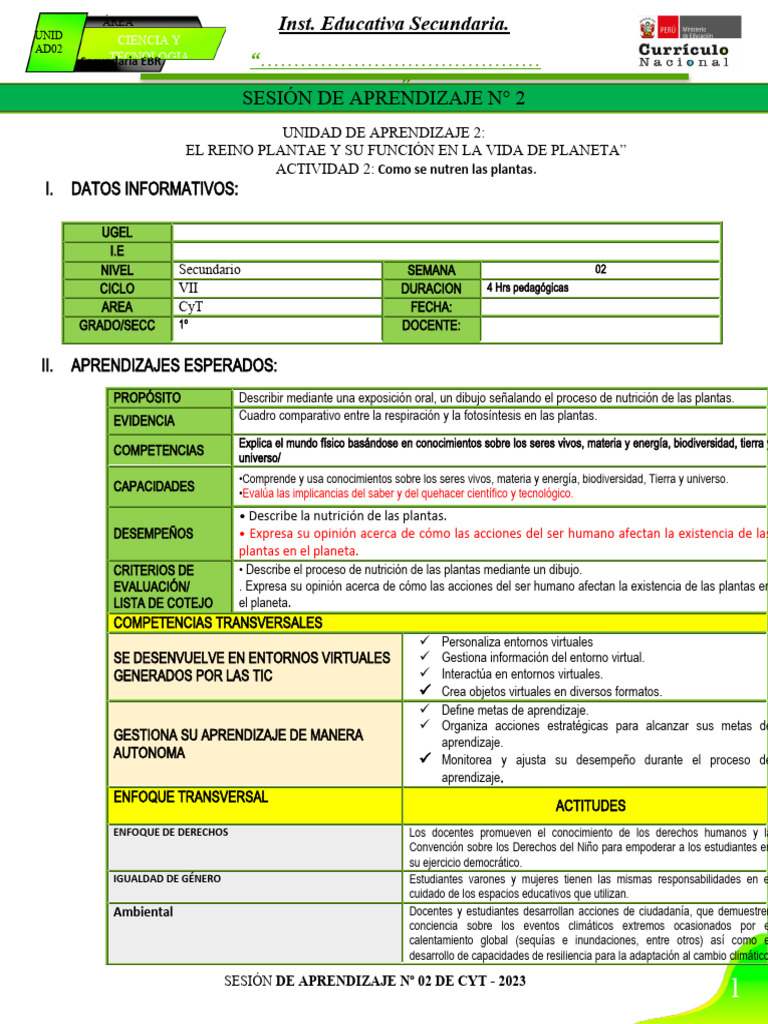 B-1º Ses-Act 2-Cyt Und 2 | PDF | Plantas | Aprendizaje