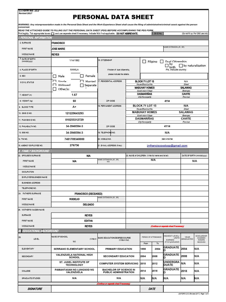 CS Form No. 212 Personal Data Sheet Revised | PDF