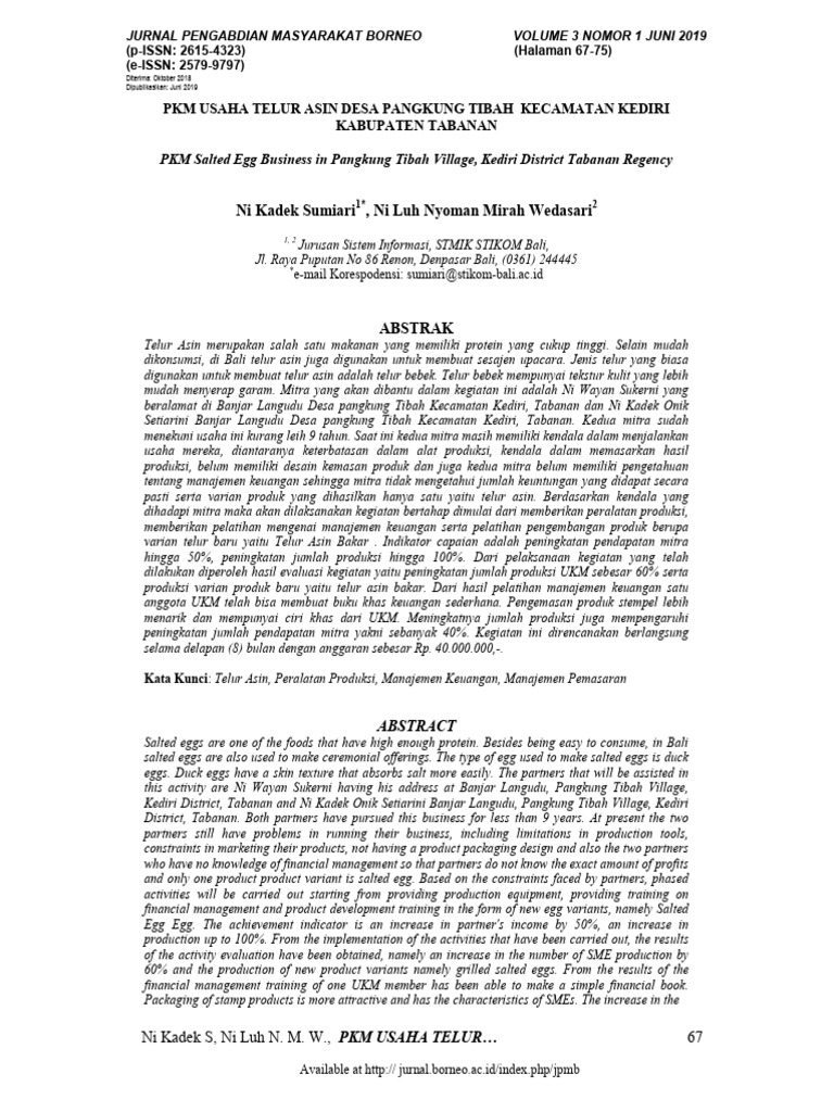 PKM Usaha Telur Asin Desa Pangkung Tibah Kecamatan Kediri Kabupaten Tabanan | PDF