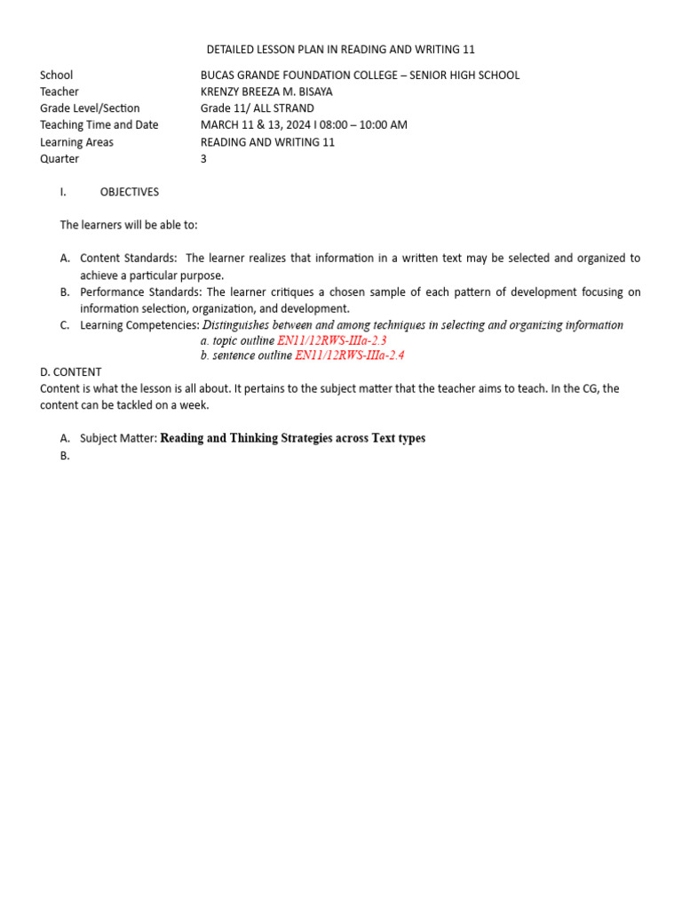 Grade 11 Reading and Writing Lesson Plan | PDF