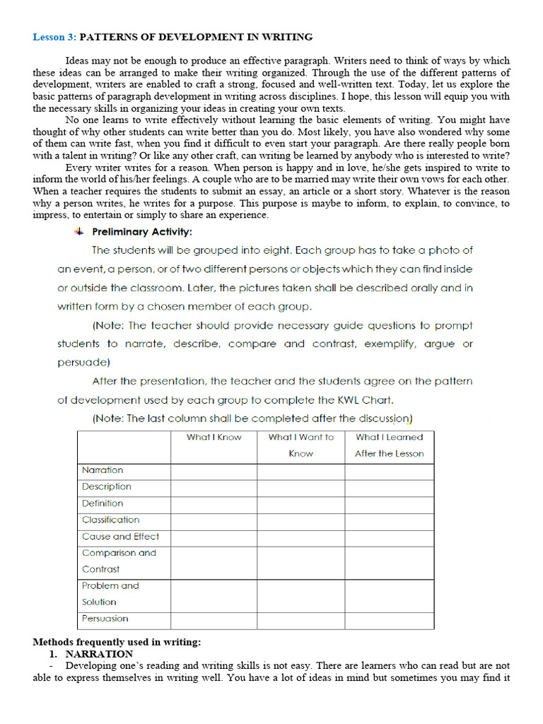 Lesson 3 Patterns of Development in Writing | PDF | Definition | Argument