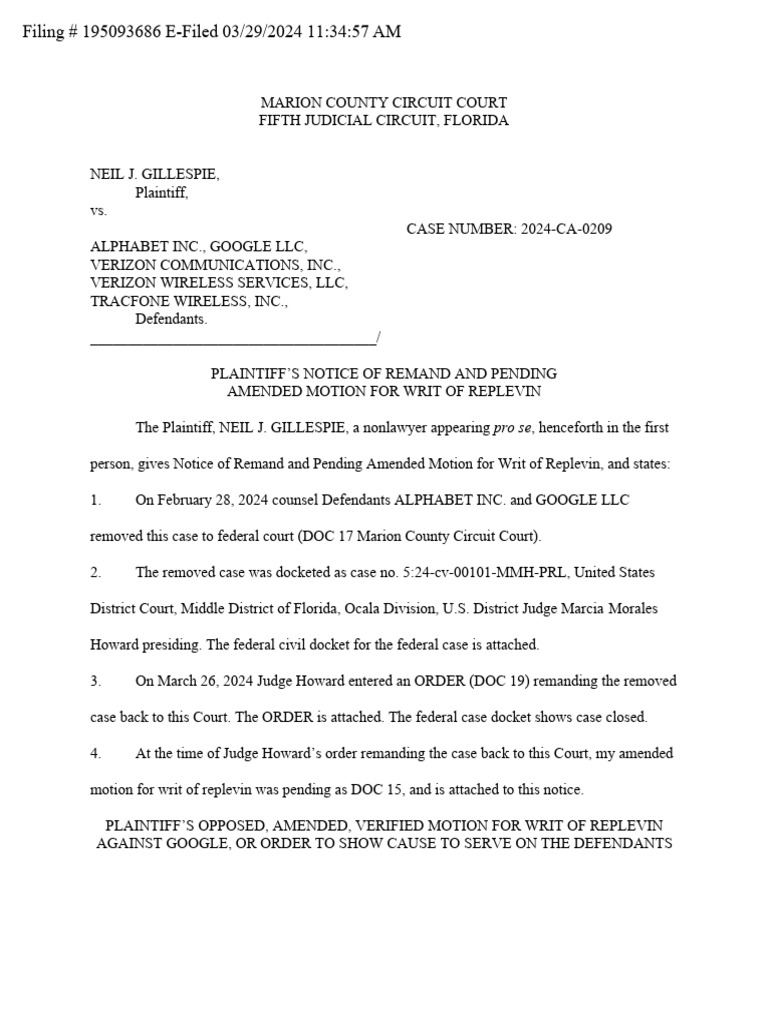 Gillespie V Google Remanded, Pending Motion For Writ of Replevin | PDF