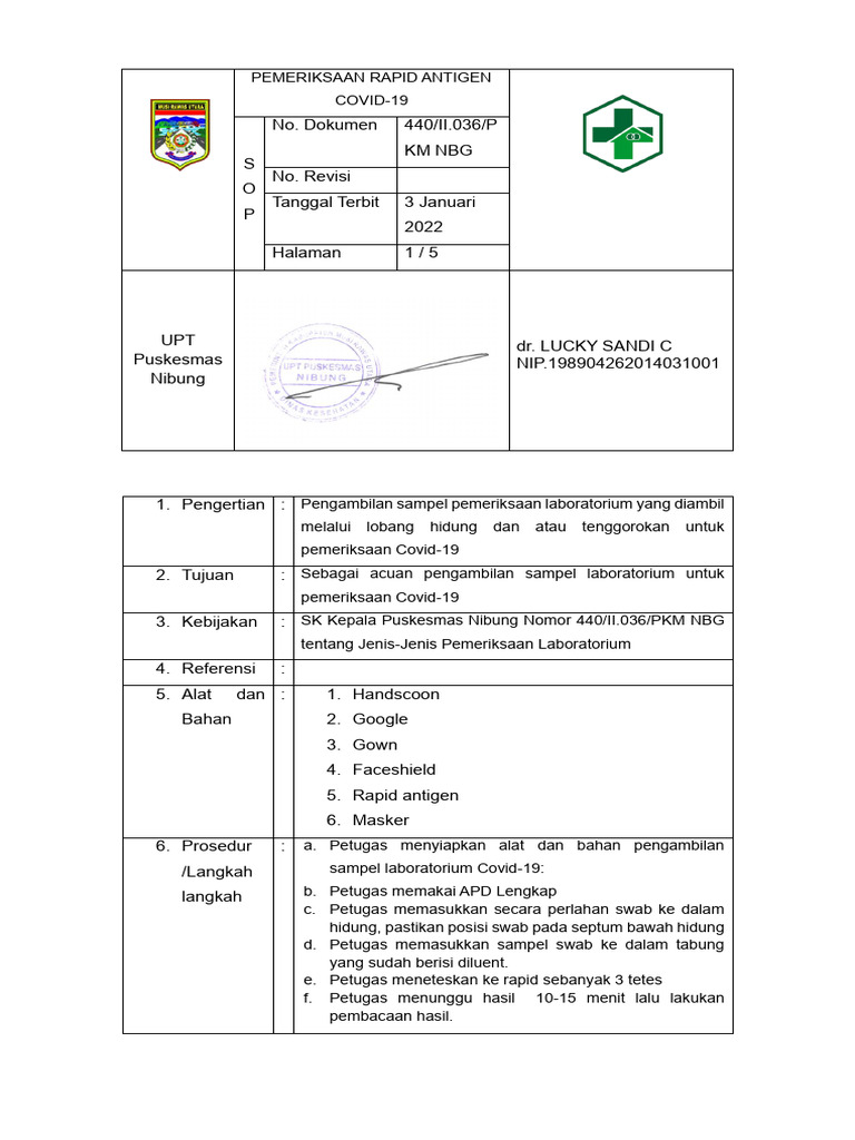 Sop Pemeriksaan Rapid Antigen | PDF