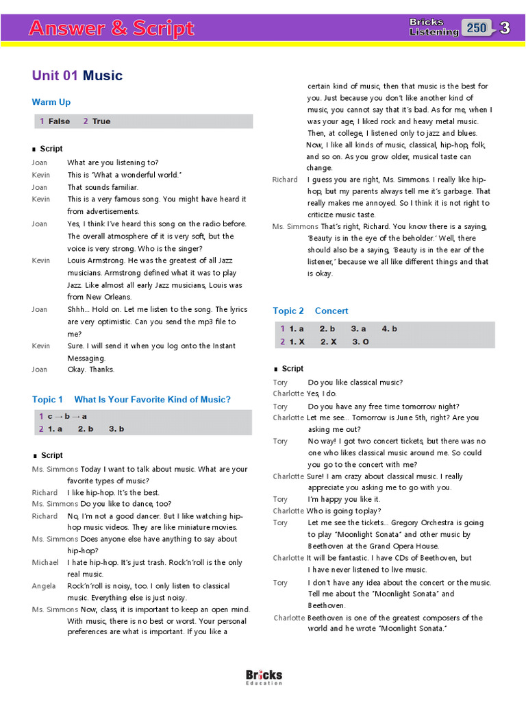 Bricks Listening 250 - L3 - SB - Answer Key | PDF