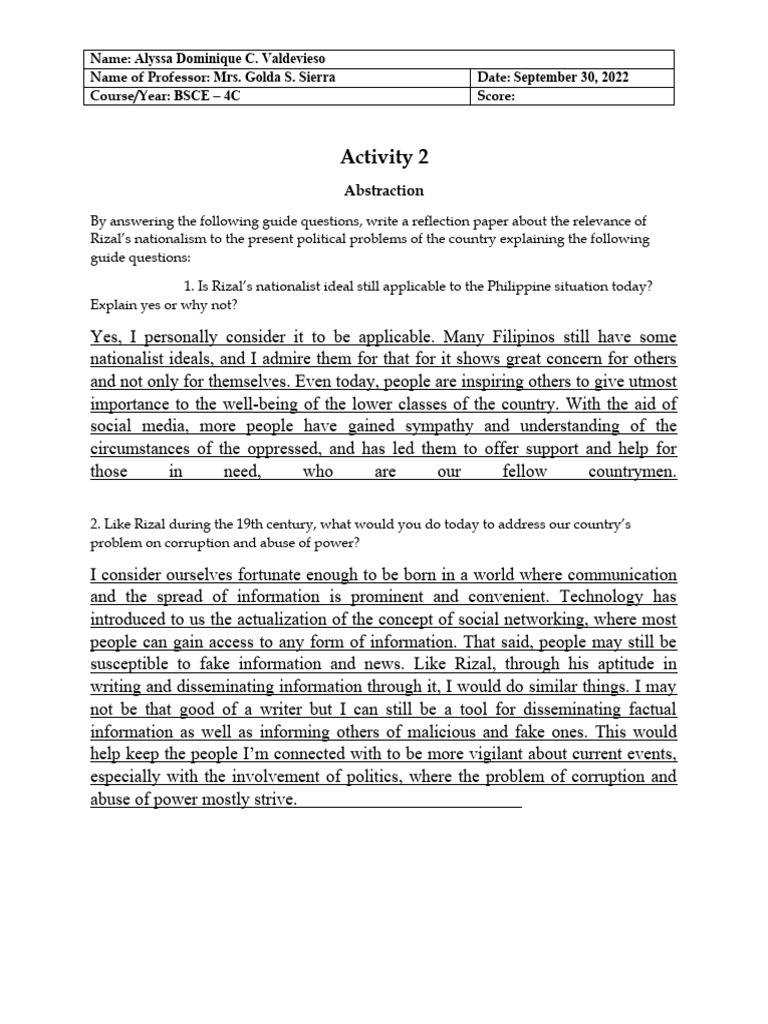 Valdevieso Rizal Chap. 2 Act | PDF | Philippines | Spanish Empire