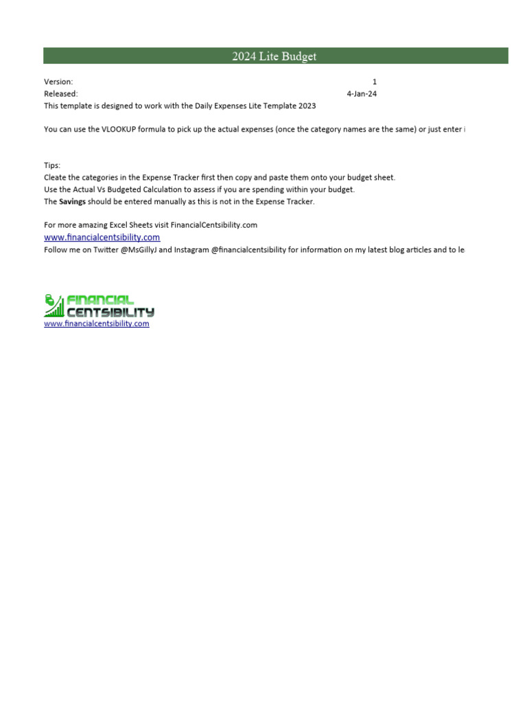 FC Lite Budget Template 2024 v1 | PDF | Income | Expense