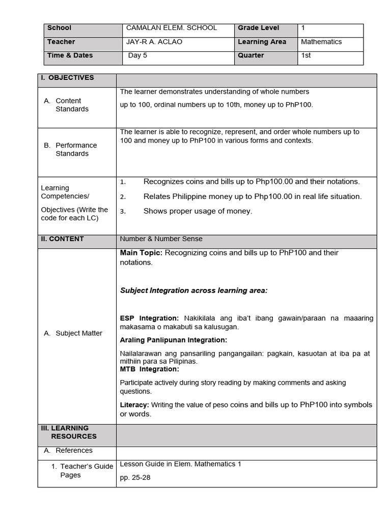 Cot 1 Math | PDF | Money