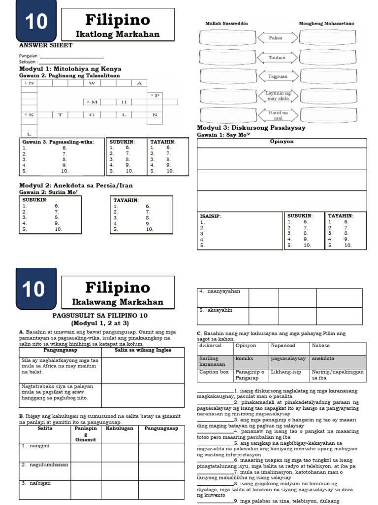 Fil10 Q3 Mod1 3 Answer - Sheet | PDF