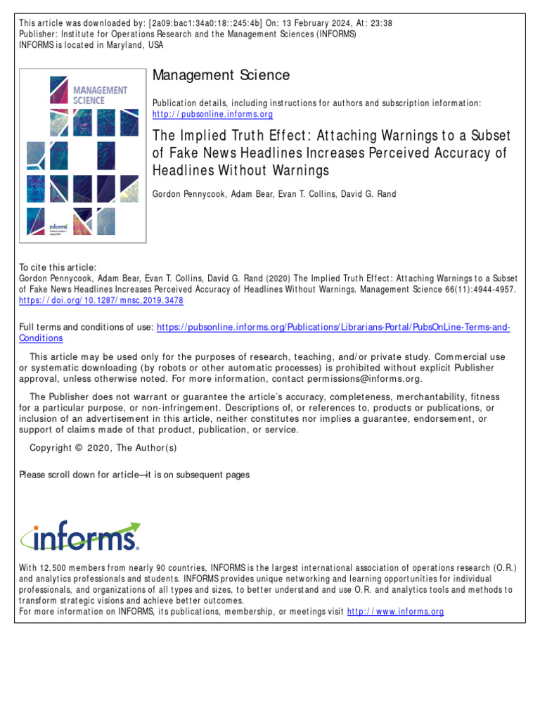 Pennycook Et Al 2020 The Implied Truth Effect Attaching Warnings To A ...