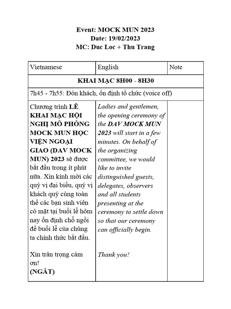 (MOCKMUN 2023) Script MC (19-02-2023) | PDF