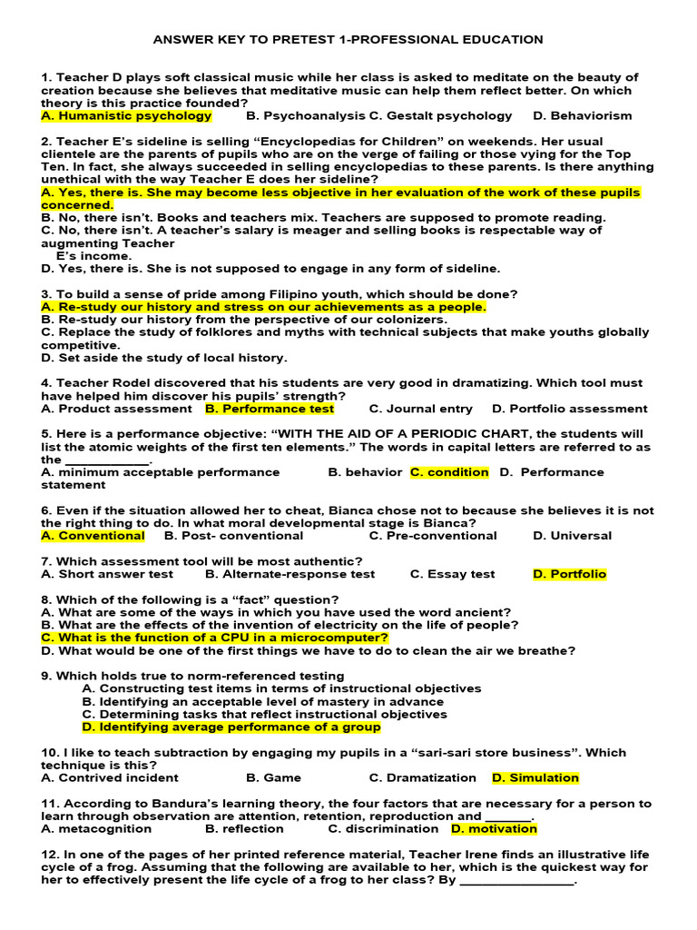 Pretest 1 Answer Key for Educators | PDF | Teachers | Psychology