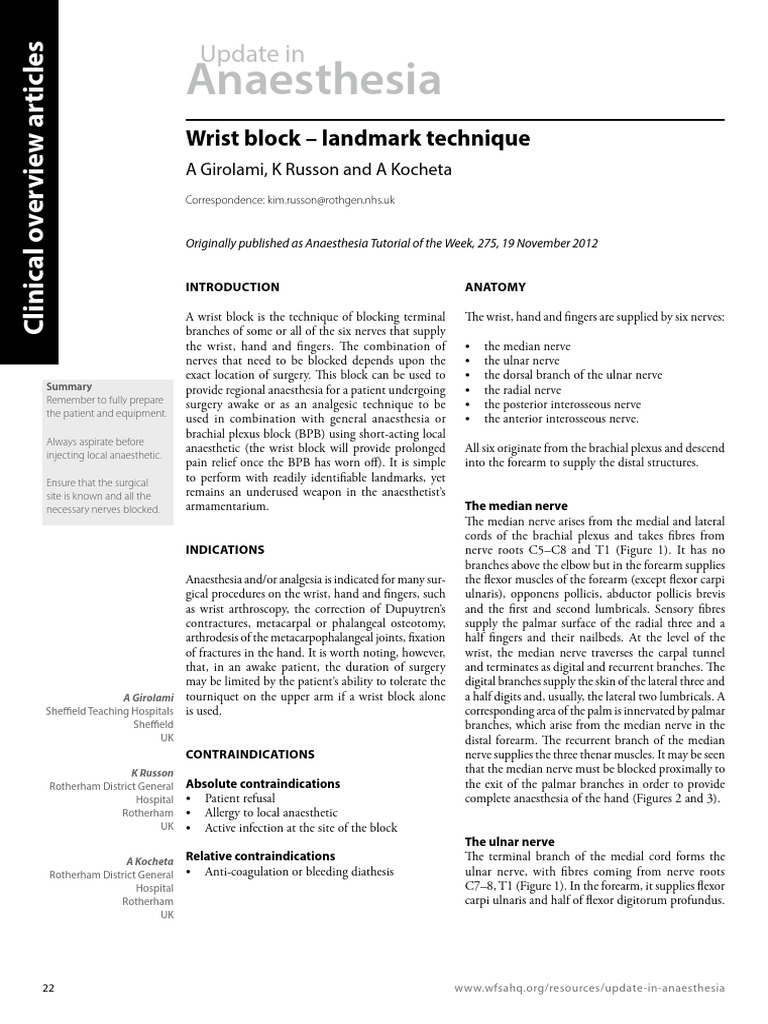 Uia32 Wrist Block - Landmark Technique | PDF | Hand | Human Anatomy