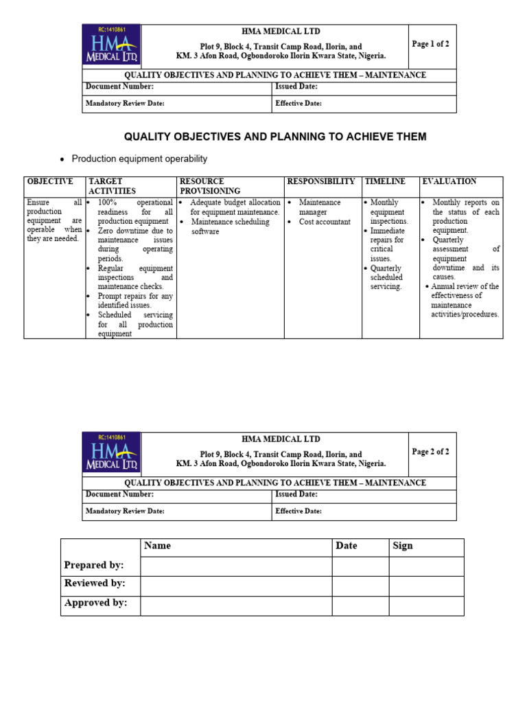 8 Quality Objectives Maintenance Pdf
