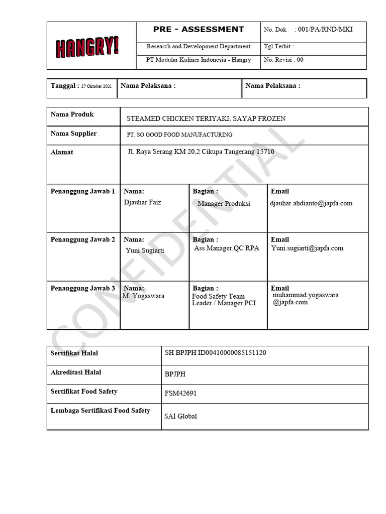 Audit Keamanan Pangan PT Hangry | PDF