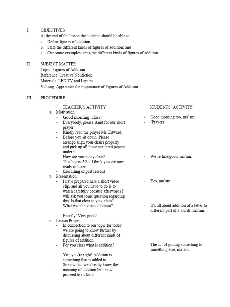 Figures of Addition Lesson Plan | PDF