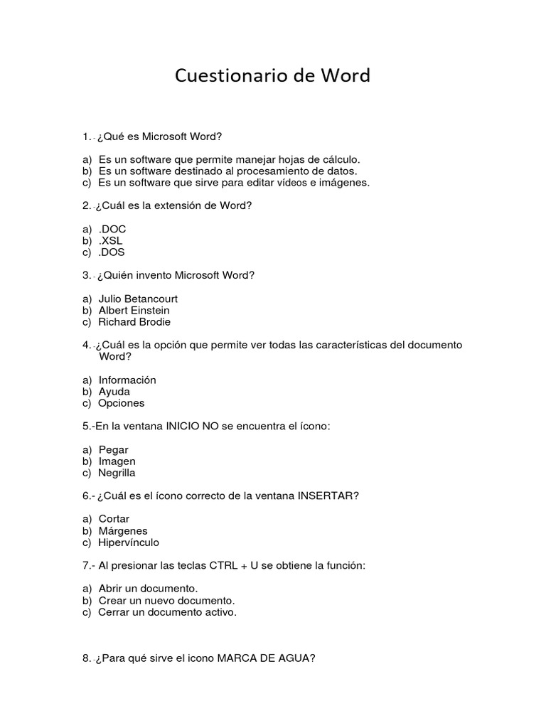 Cuestionario de Word | PDF | Microsoft Word | Ventana (informática)